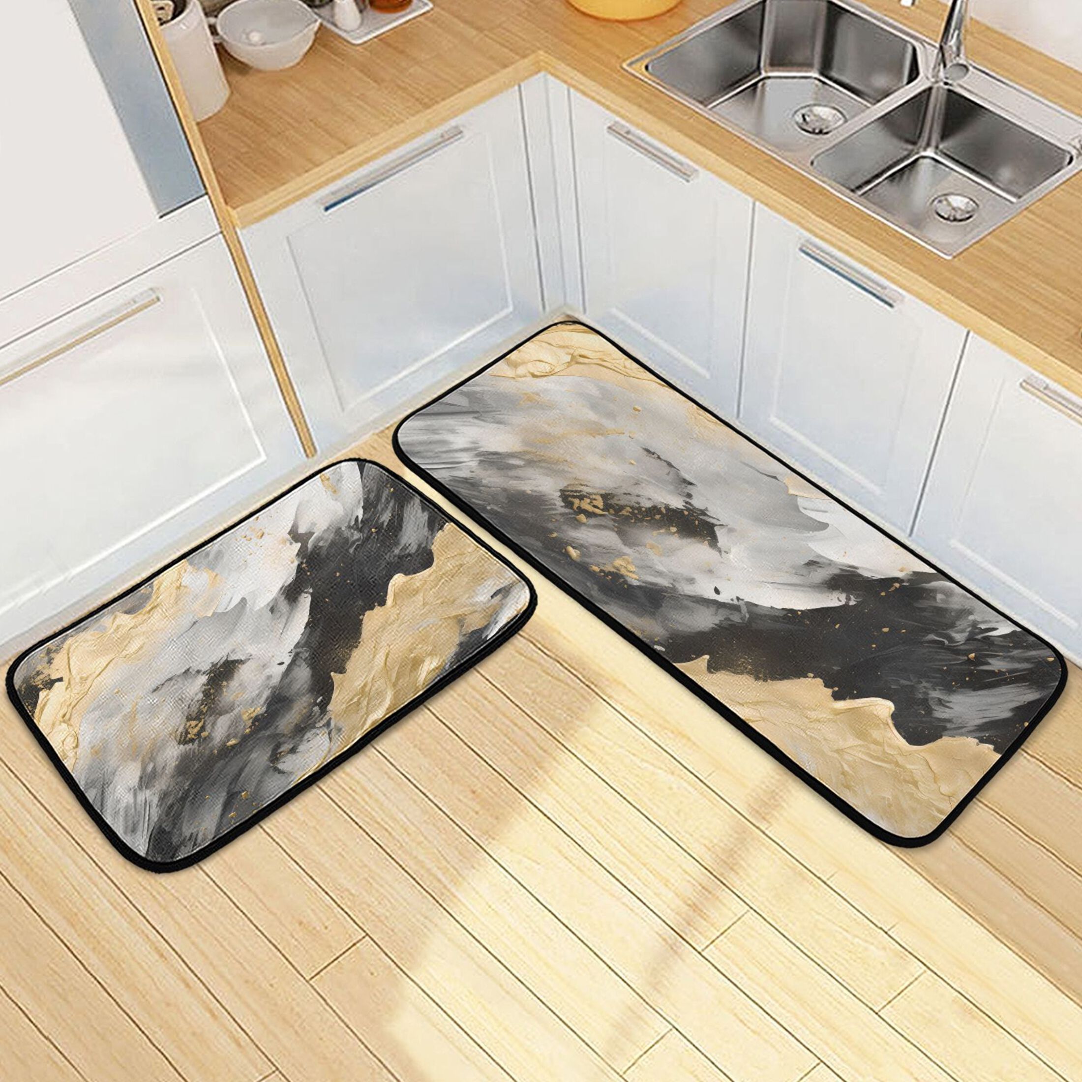 Black Golden Marble Kitchen Mats Set 2 Piece Non Slip Floor Foam Rugs ...