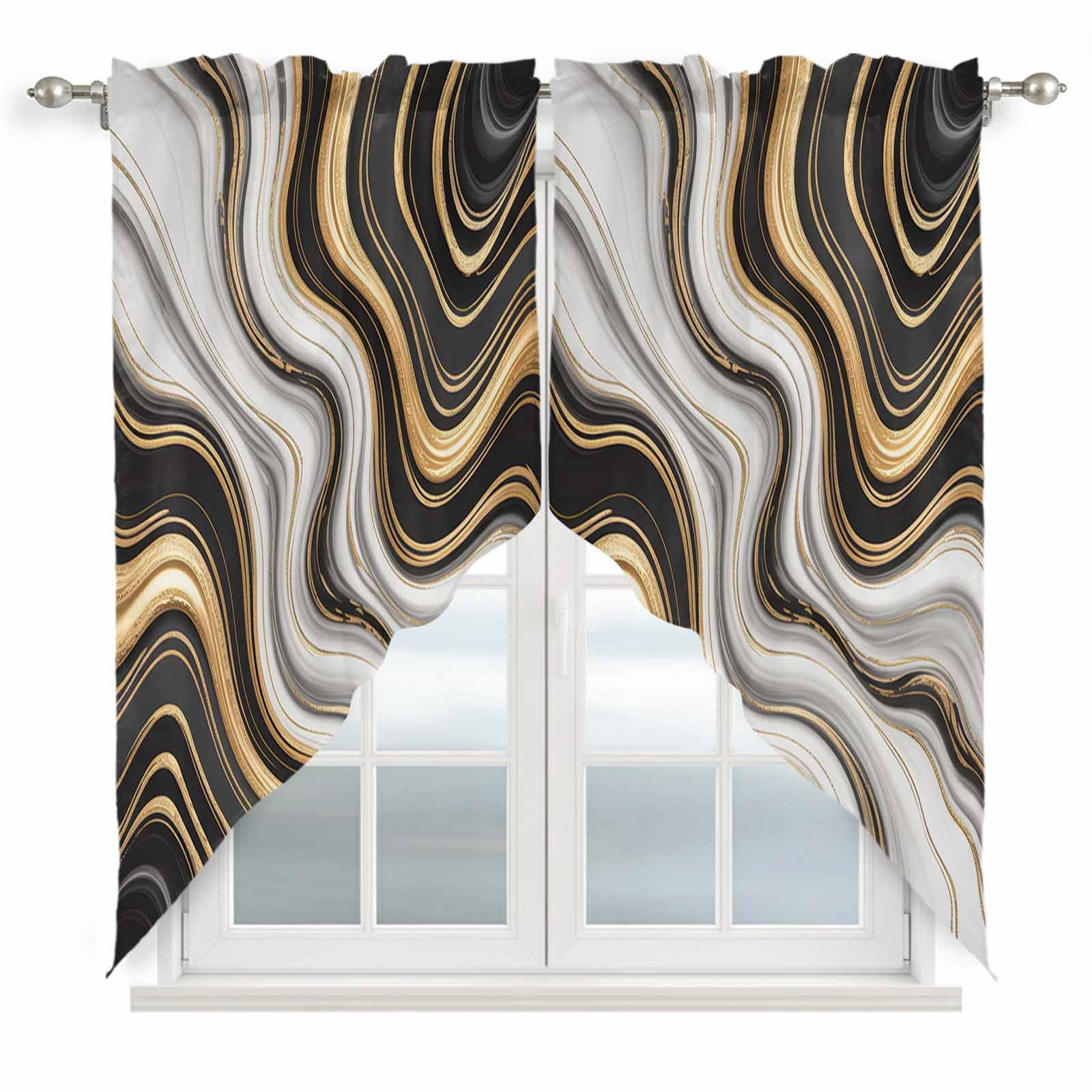 Black Golden Marble Kitchen Window Curtains, Swag Curtains Valance for ...