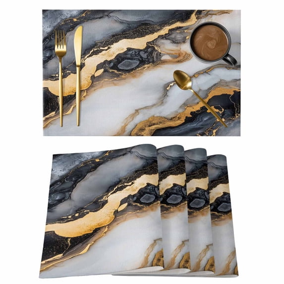Black Golden Marble Placemats Set of 12, Cotton Linen Fabric Place Mats ...