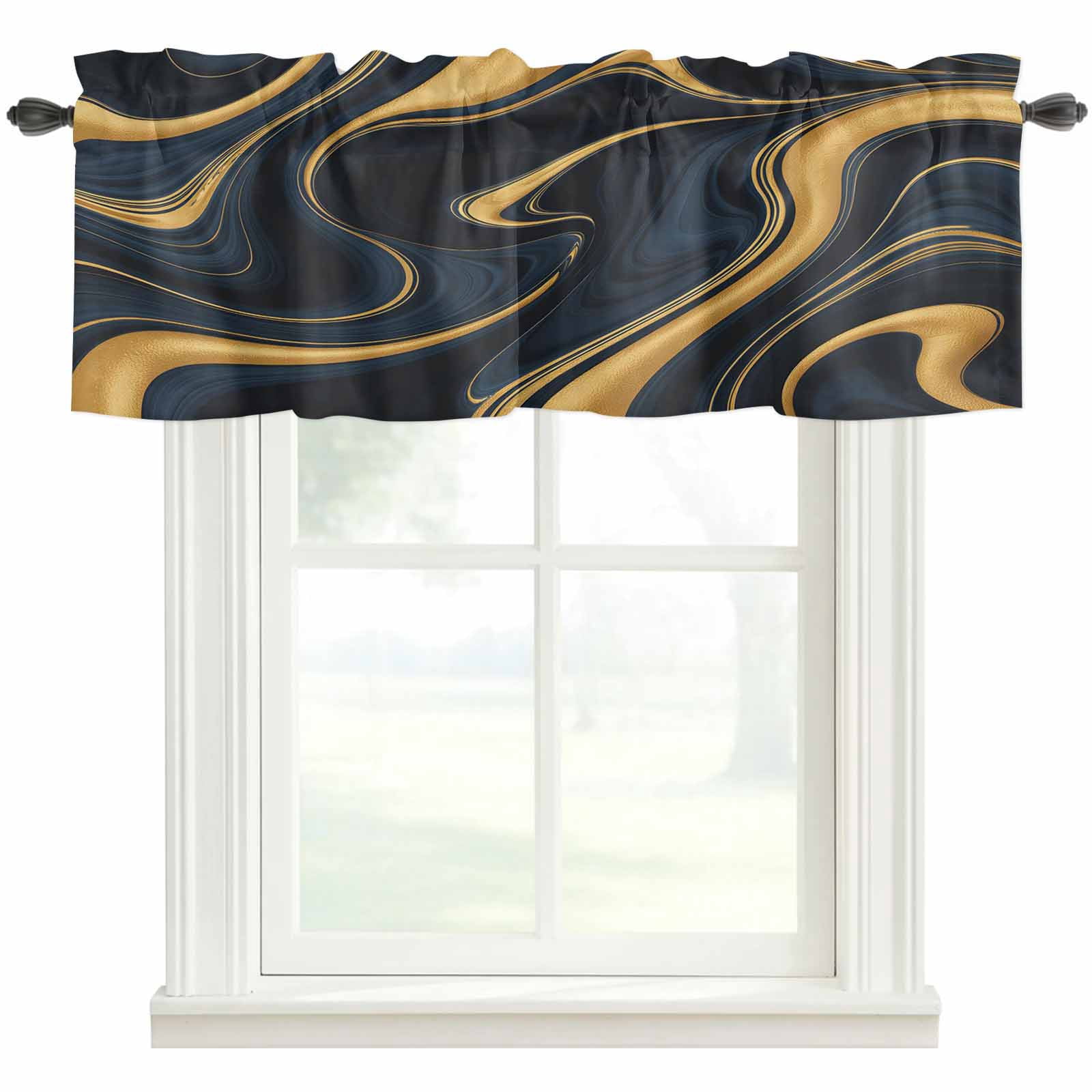 Black Golden Marble Rod Pocket Curtain Valance, Abstract Modern ...