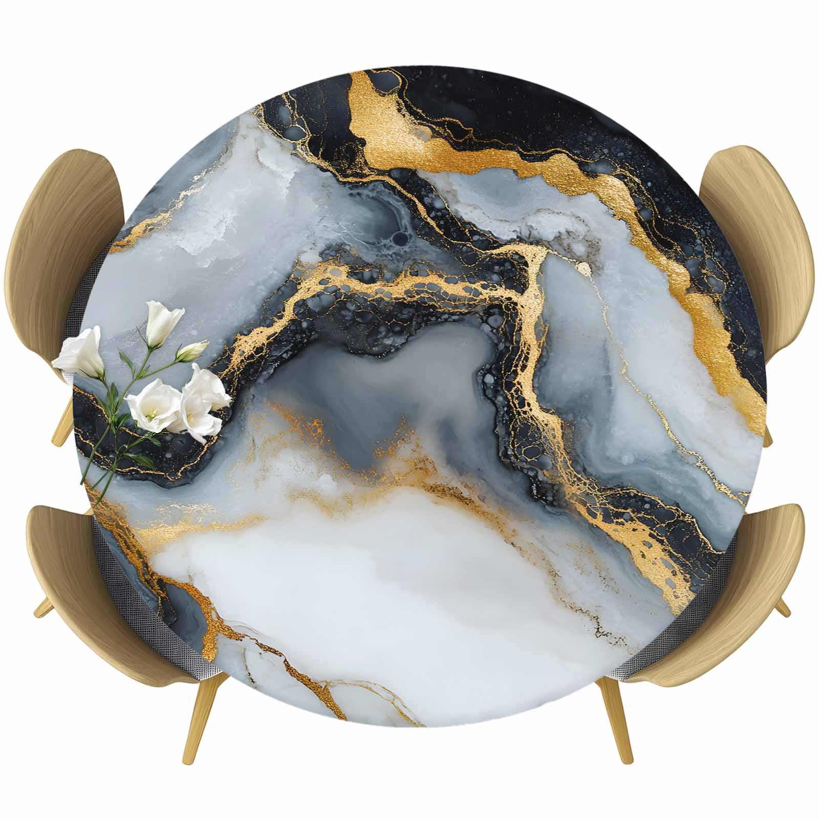 Black Golden Marble Round Tablecloth 45-54 Inch Round Fitted Table ...