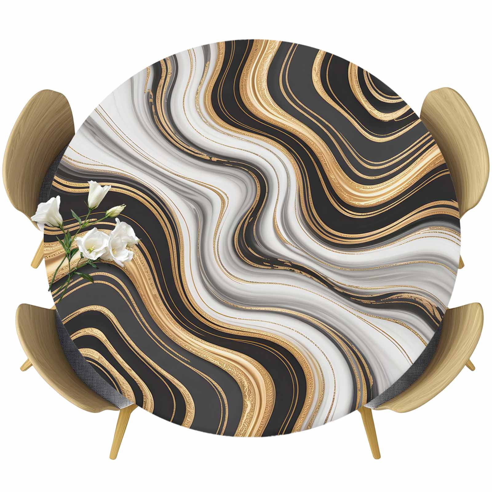 Black Golden Marble Round Tablecloth, Fitted Table Cover with Elastic ...