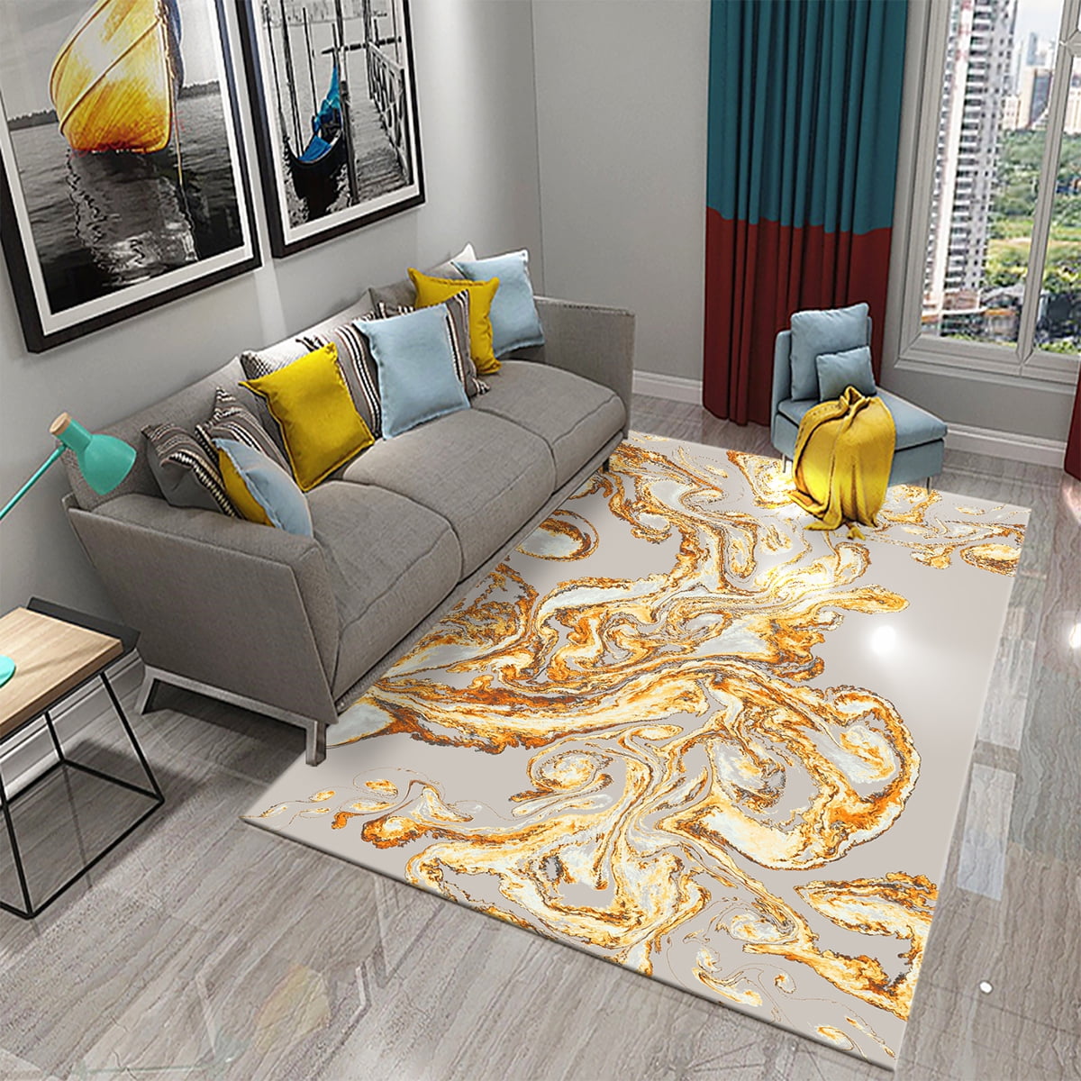 Black Golden Marble Rug Carpet Modern Fashion Abstract Marbling Area ...