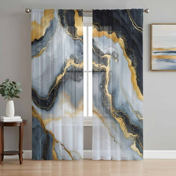 Black Golden Marble Semi Sheer Curtains 63 Inch Length 2 Panels Set ...