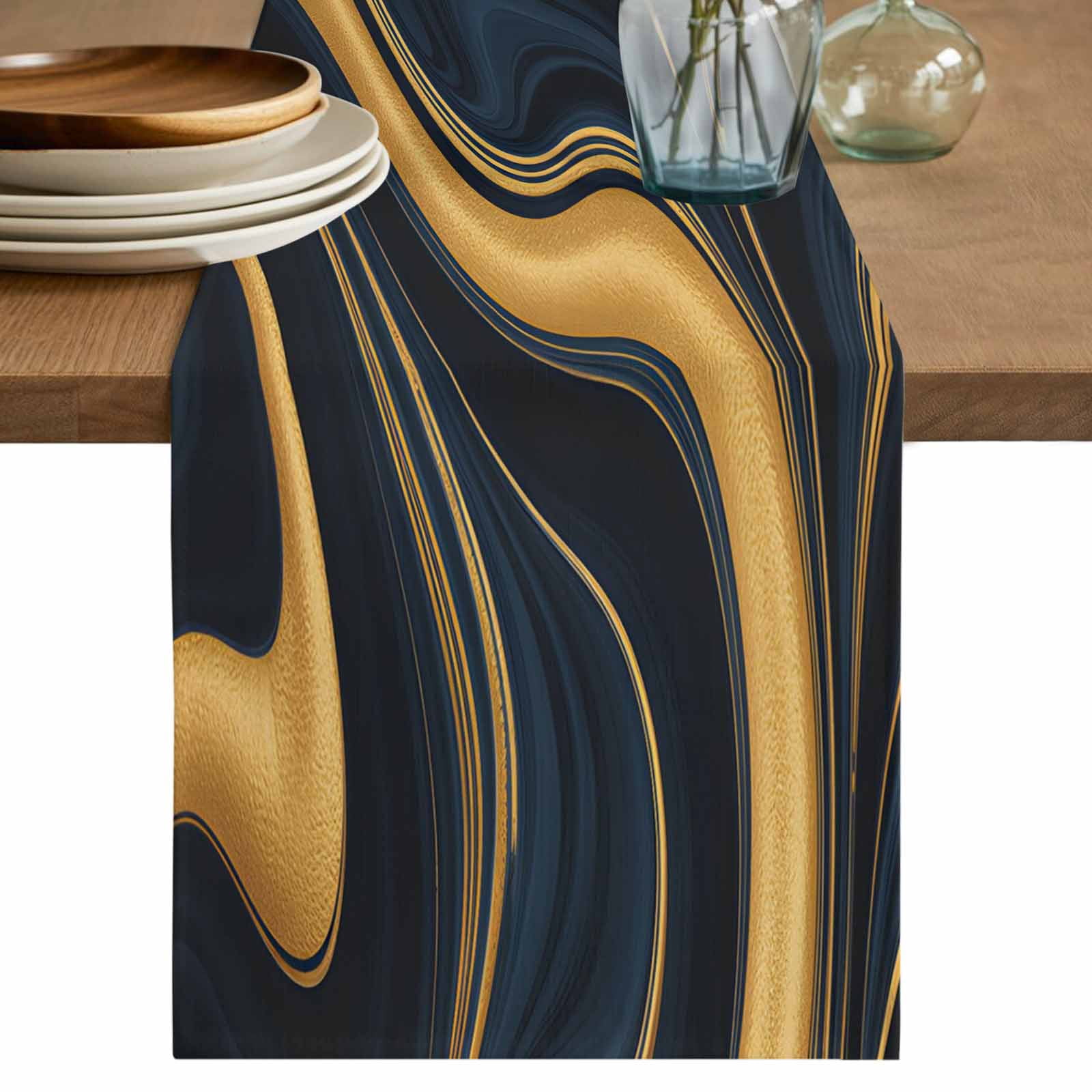 Black Golden Marble Table Runner 72 Inches, Abstract Modern Gradient ...