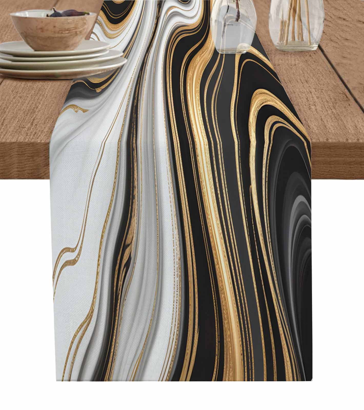Black Golden Marble Table Runner 72 Inches, Gray White Ombre Abstract ...