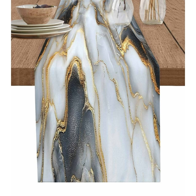 Black Golden Marble Table Runner 72 Inches, Modern Minimalism Abstract ...