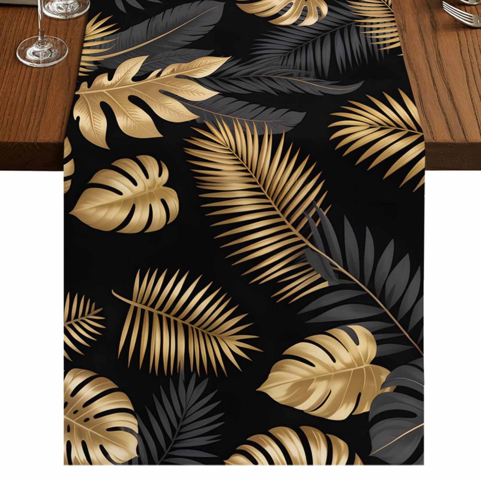 Black Golden Palm Leaf Burlap Cotton Table Runner 13x120 Inches Long ...