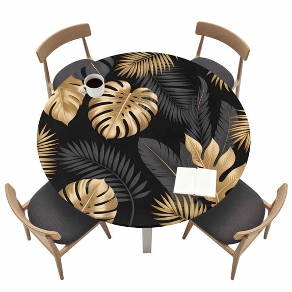 Black Golden Palm Leaf Fitted Tablecloth with Elastic Edged, Round ...
