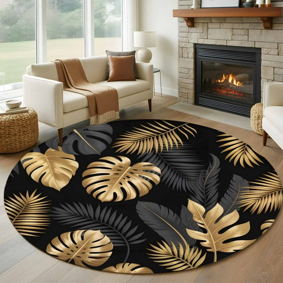 Black Golden Palm Leaf Round Rug 5ft Washable Circle Kitchen Rugs Non ...