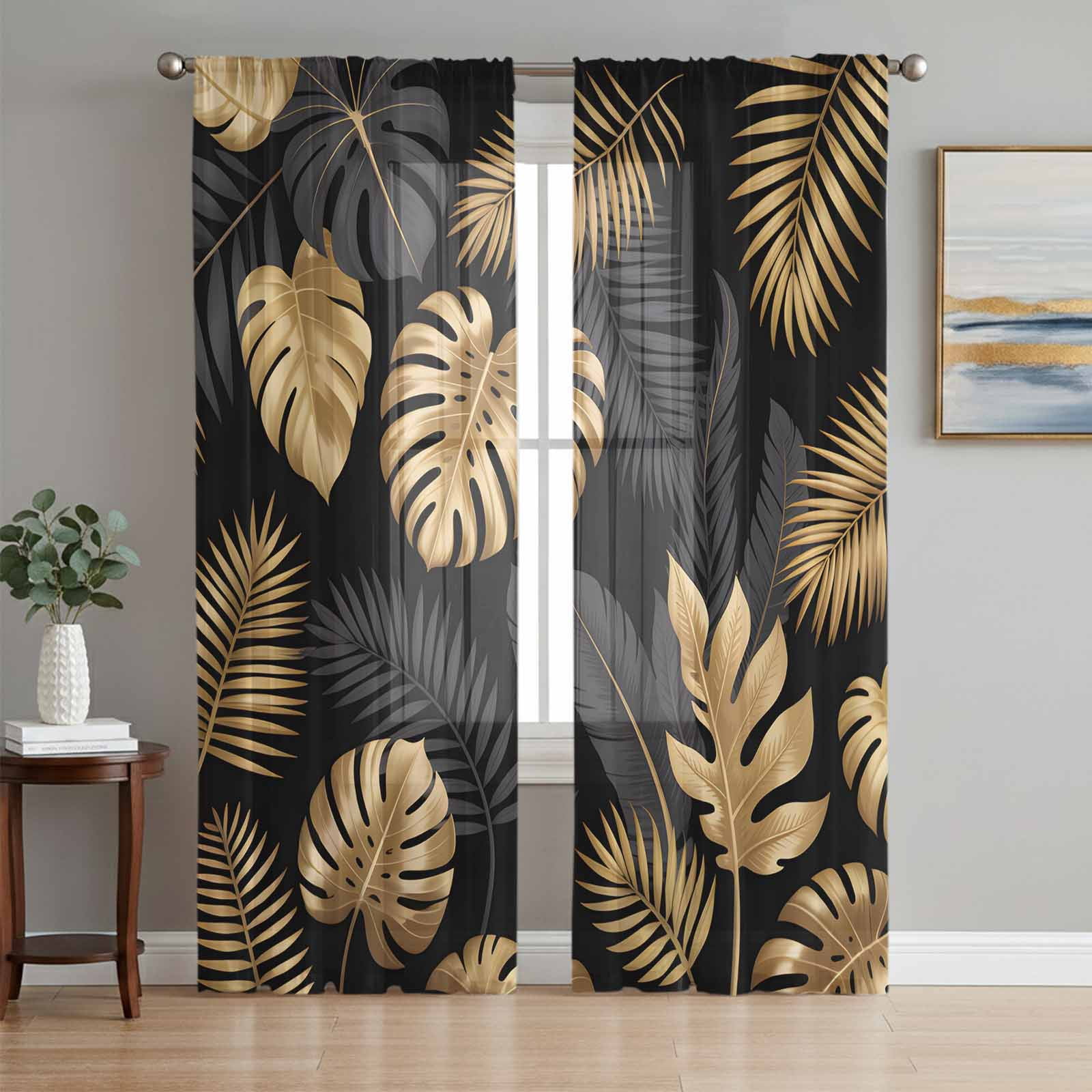 Black Golden Palm Leaf Sheer Curtains 72 Inch Length 2 Panels Set ...