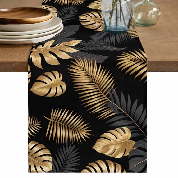 Black Golden Palm Leaf Table Runner 36 Inches, Tropical Plant Modern ...
