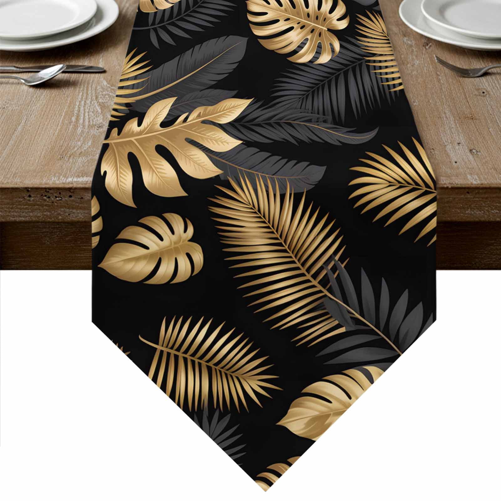 Black Golden Palm Leaf Table Runner Linen Burlap Table Runner 72 Inches ...