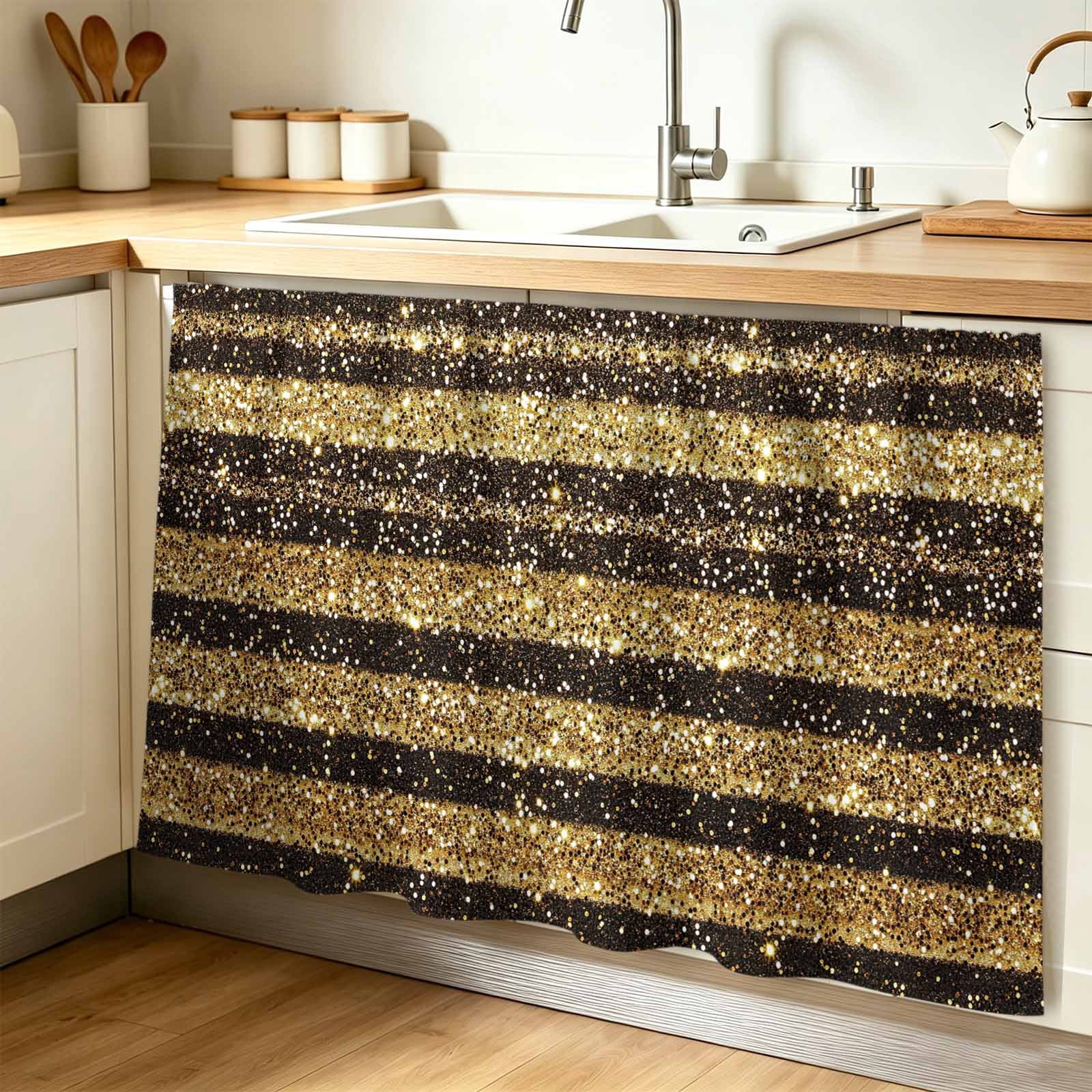 Black Golden Striped Cabinet Curtains for Shelves, Luxury Farmhouse ...