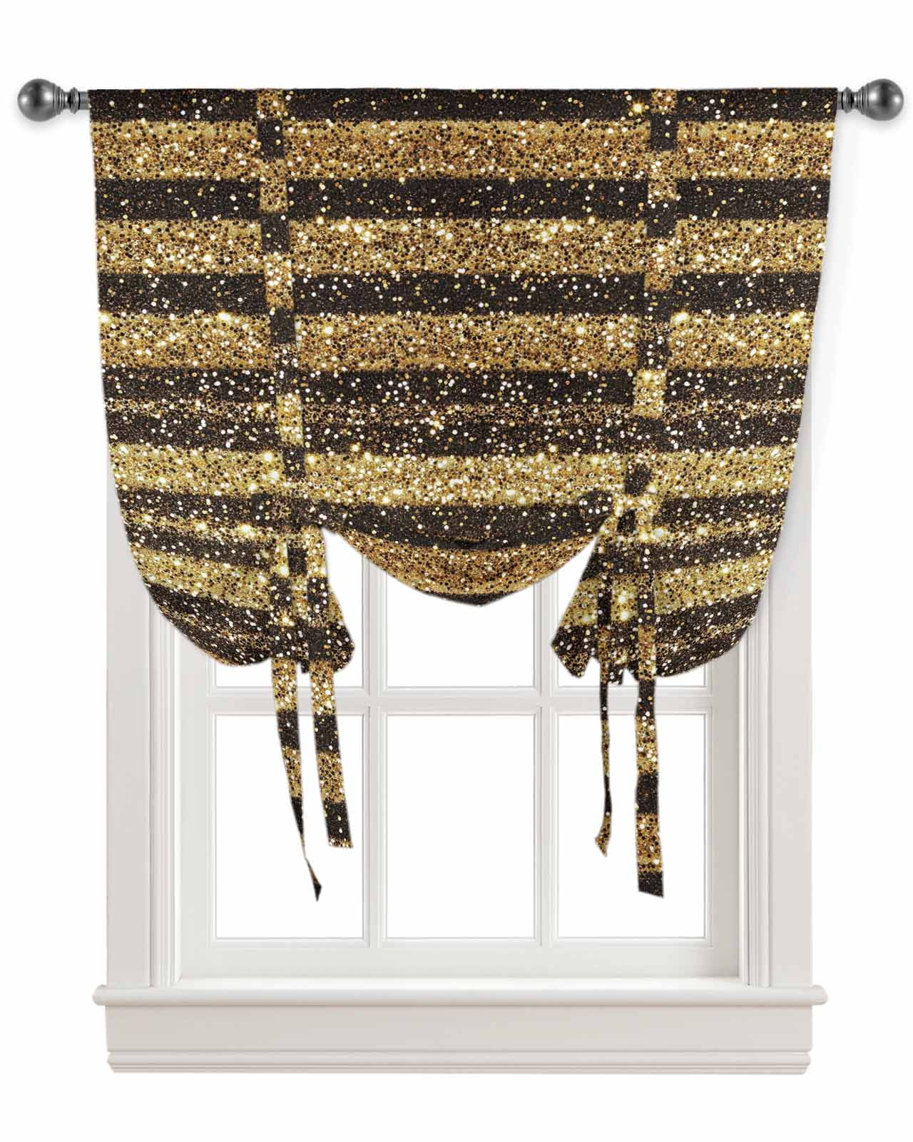 Black Golden Striped Tie Up Curtains for Window, Luxury Farmhouse ...
