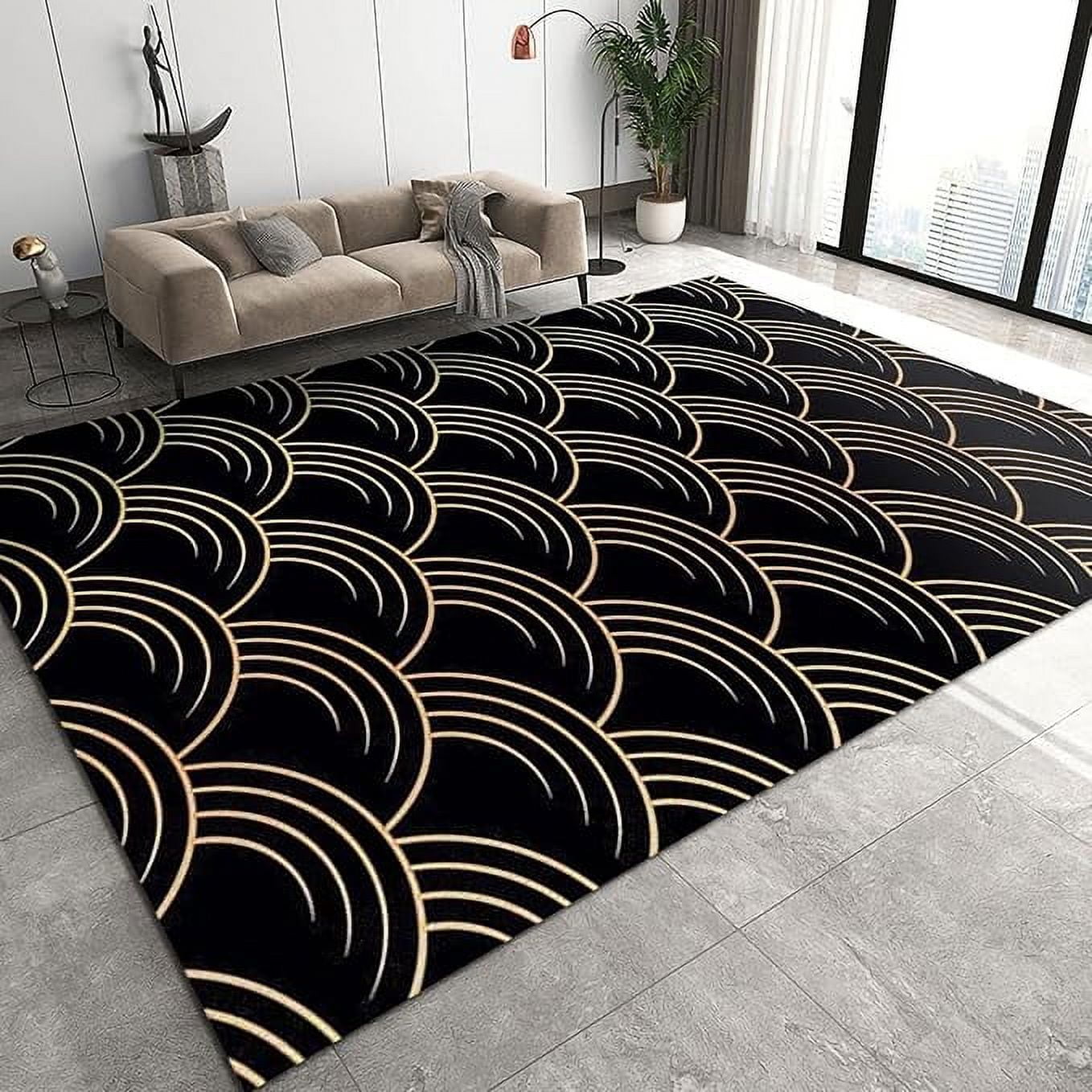 Black Golden Wavy Lines Area Rugs, Modern Abstract Art Design Soft ...