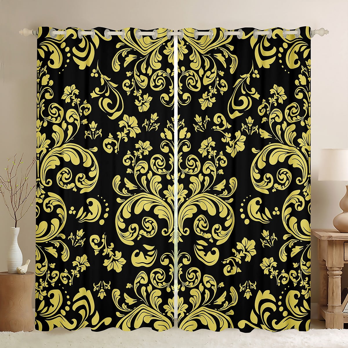 Black Gothic 52"Wx63"L Curtains Drapes Gold Damask Floral 30%-50% ...