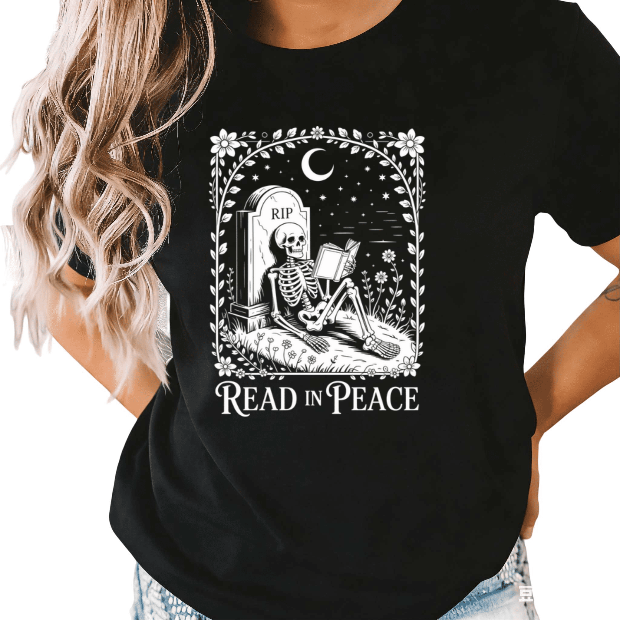 Black Gothic Academia Skeleton Book Tomb Print T-Shirt Graphic Tees ...