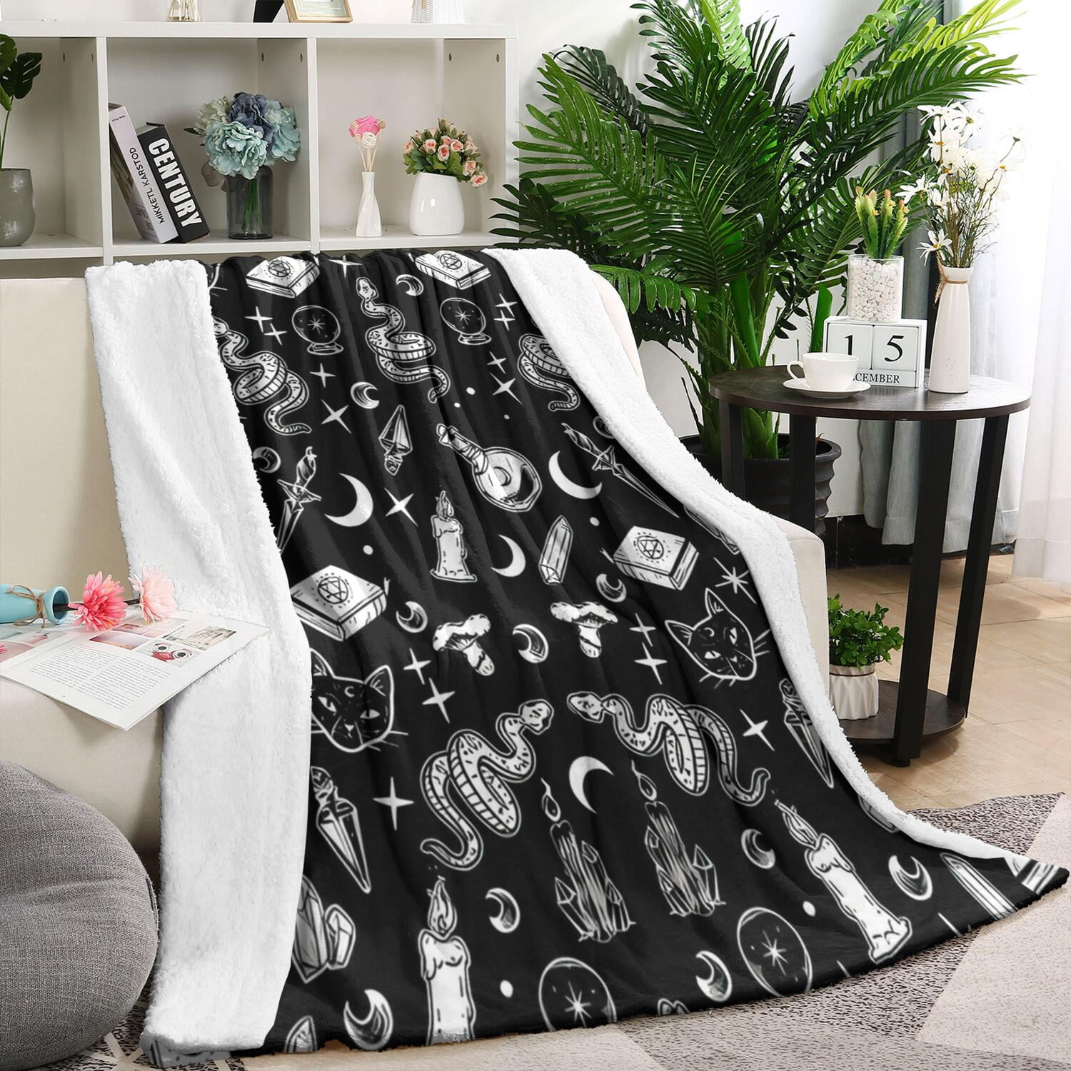 Black Gothic Cat Snake Moon Pattern Blanket,Comfortable Soft Lamb Wool ...