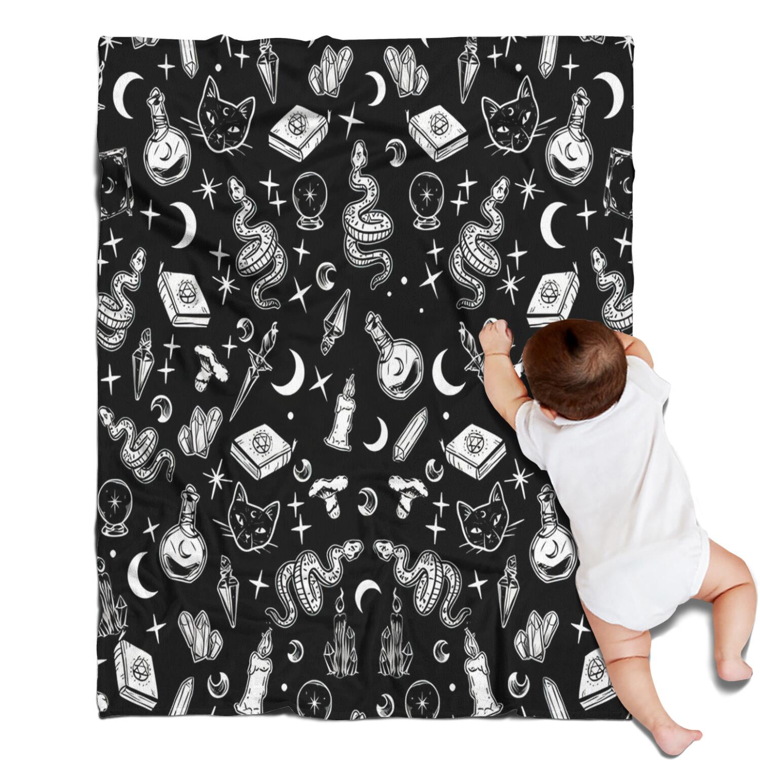 Black Gothic Cat Snake Moon Pattern Blanket,Comfortable Soft Lamb Wool ...