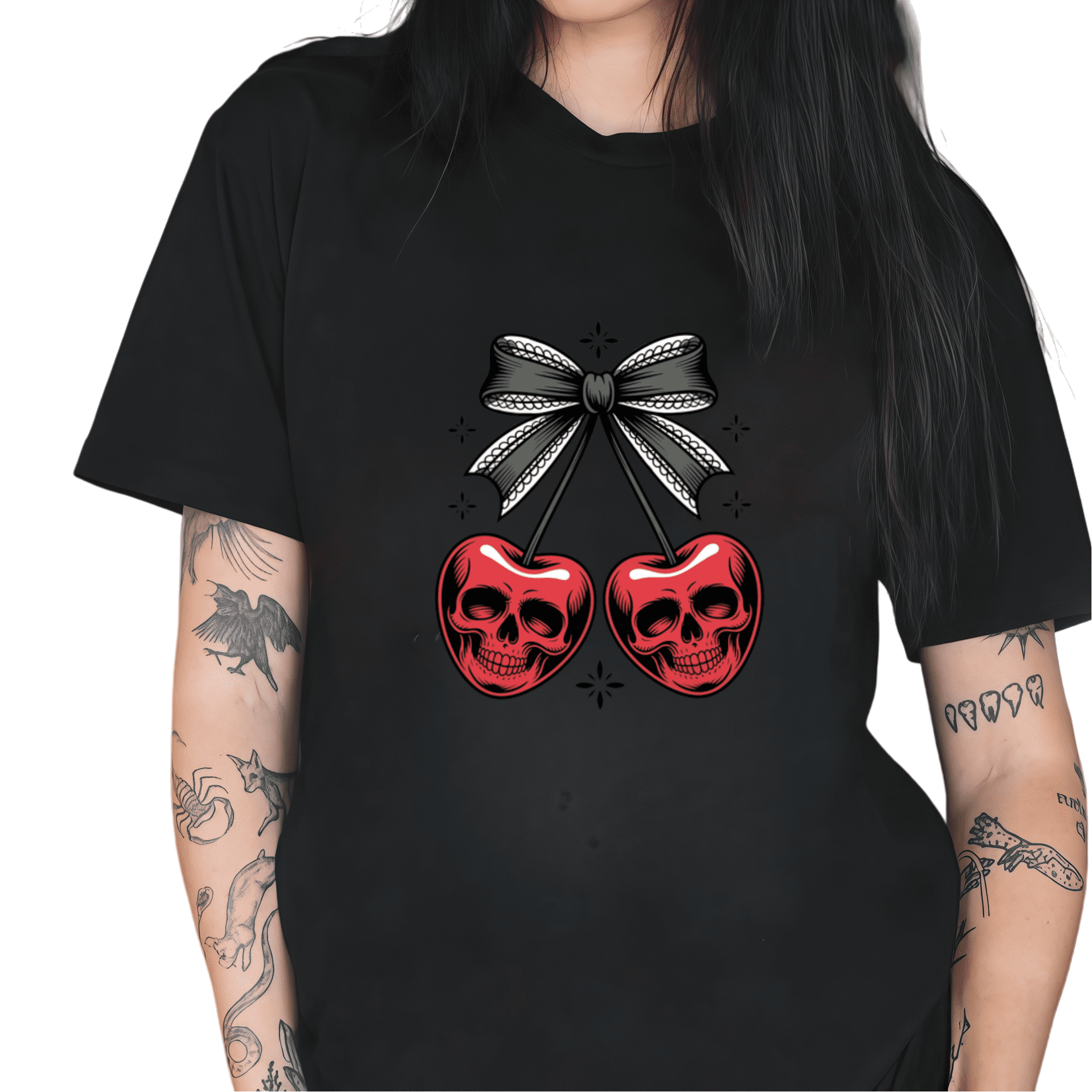 Black Gothic Cherry Skulls Bow Spooky Coquette Aesthetic Print Tshirt ...