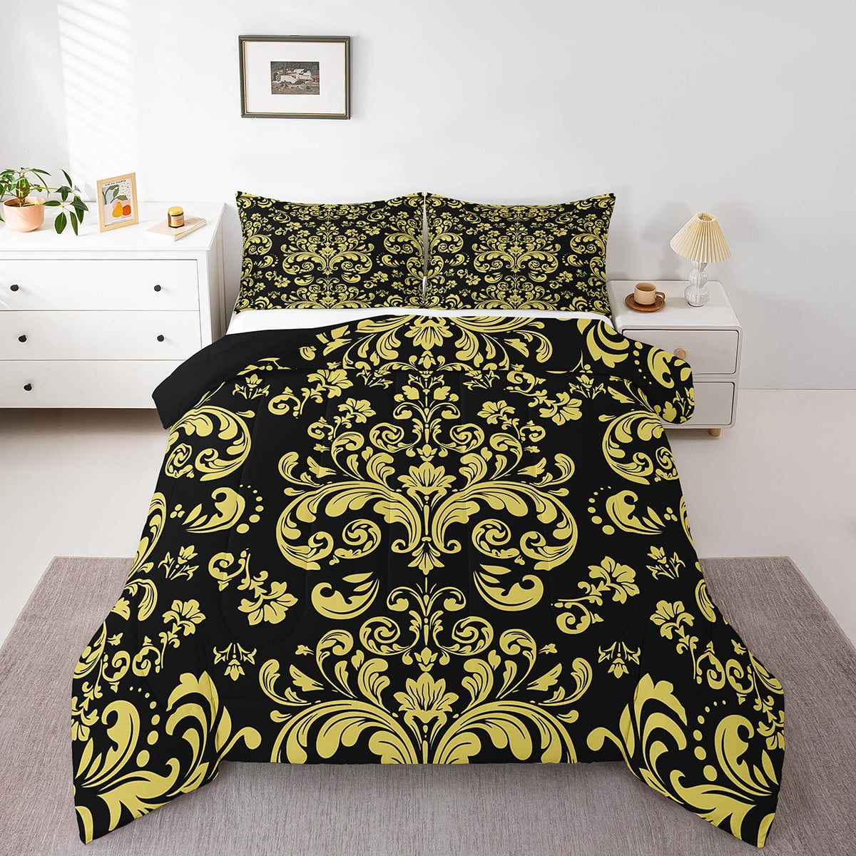 Black Gothic Full Bedding Set Gold Damask Floral Comforter Set Bohemian ...