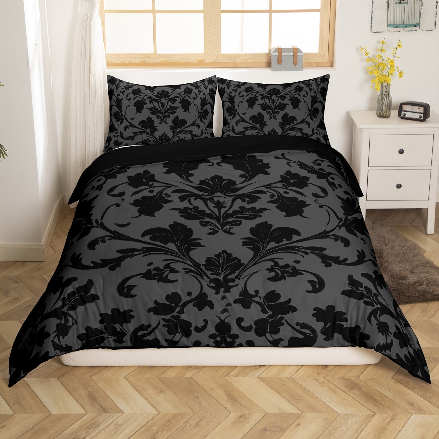 Black Gothic Full Bedding Sets Adults Gray Damask Duvet Cover Gothic ...