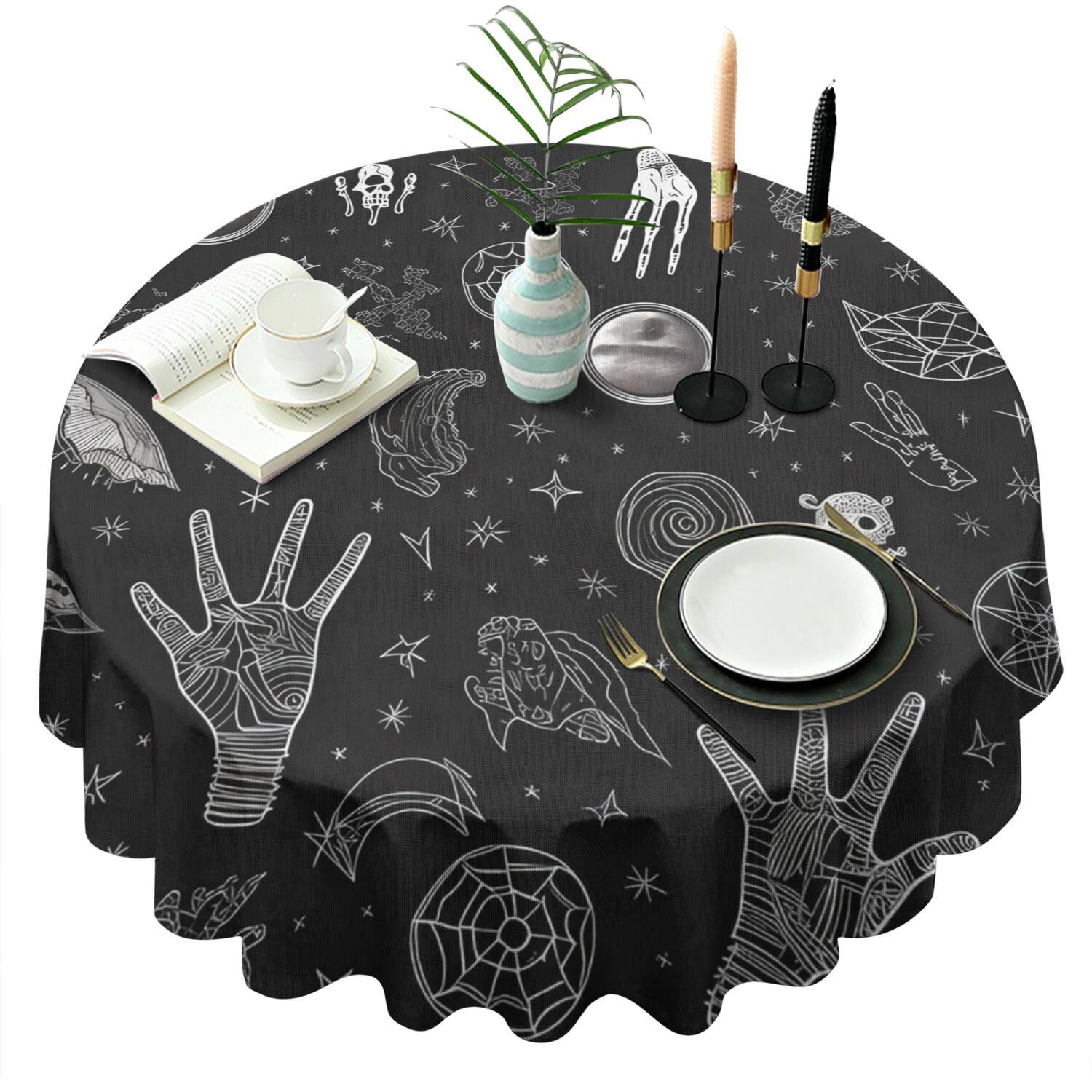 Black Gothic Hand Skull Star Pattern Round Tablecloth 60"x60",Wrinkle ...