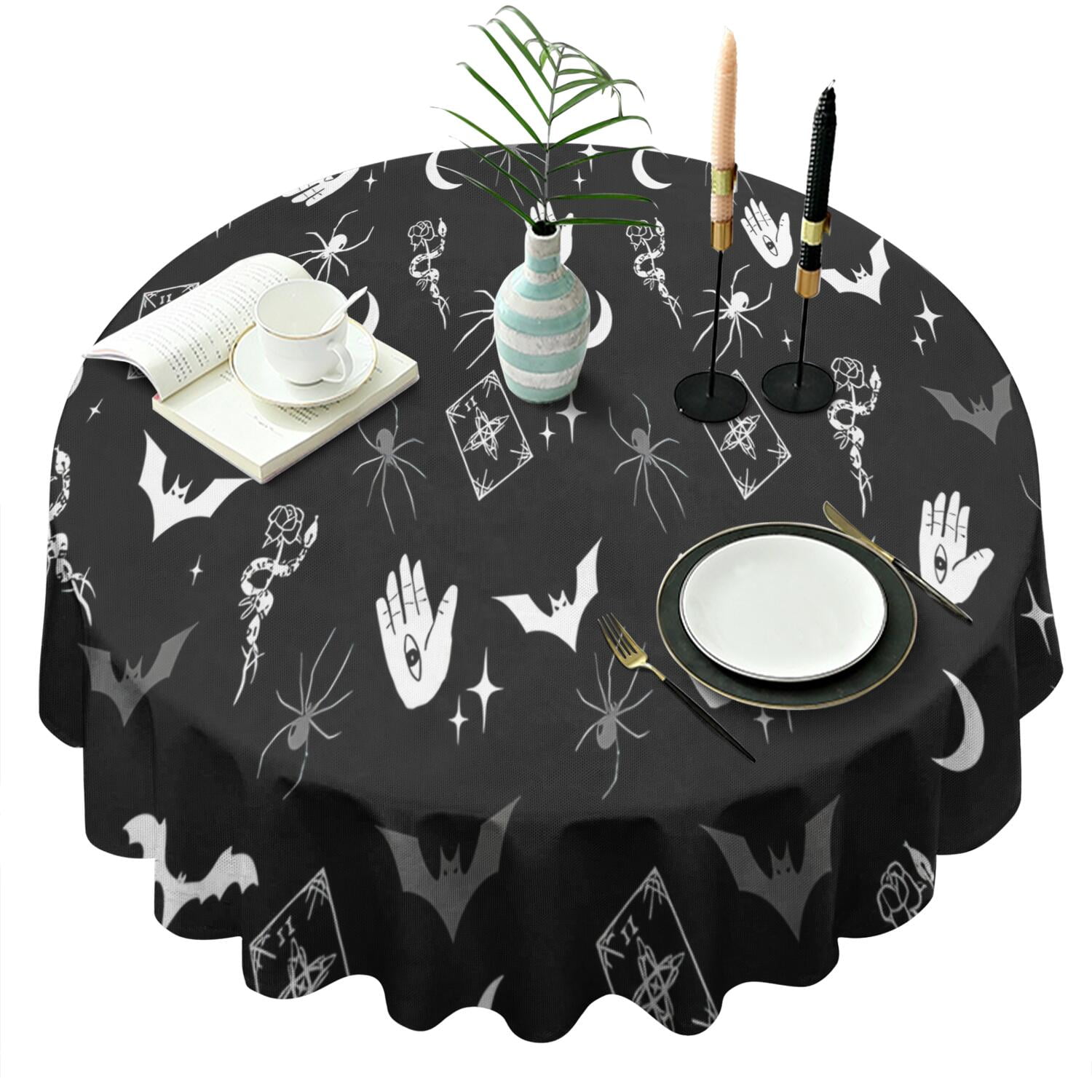 Black Gothic Hand Spider Pattern Round Tablecloth 60"x60",Wrinkle ...