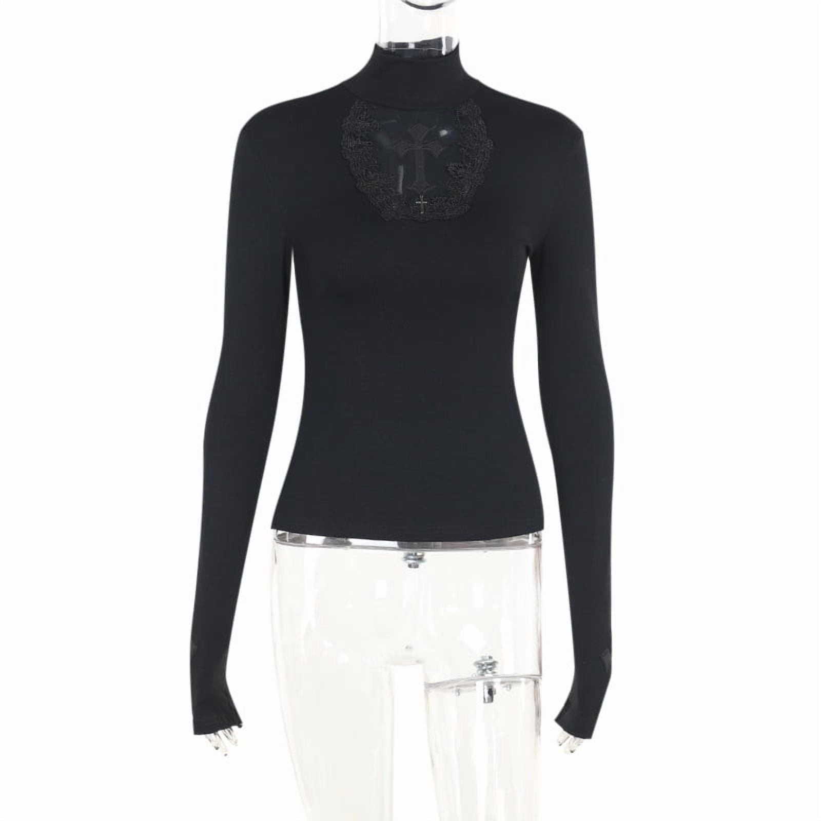 Black Gothic Long Sleeve Top Sexy Sheer Cross Lace Turtleneck Slim Fit ...
