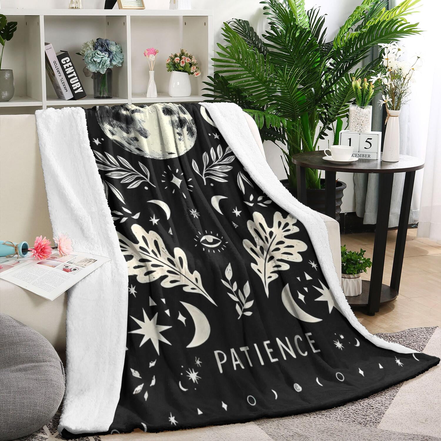 Black Gothic Moon Flower Star Pattern Blanket,Comfortable Soft Flannel ...