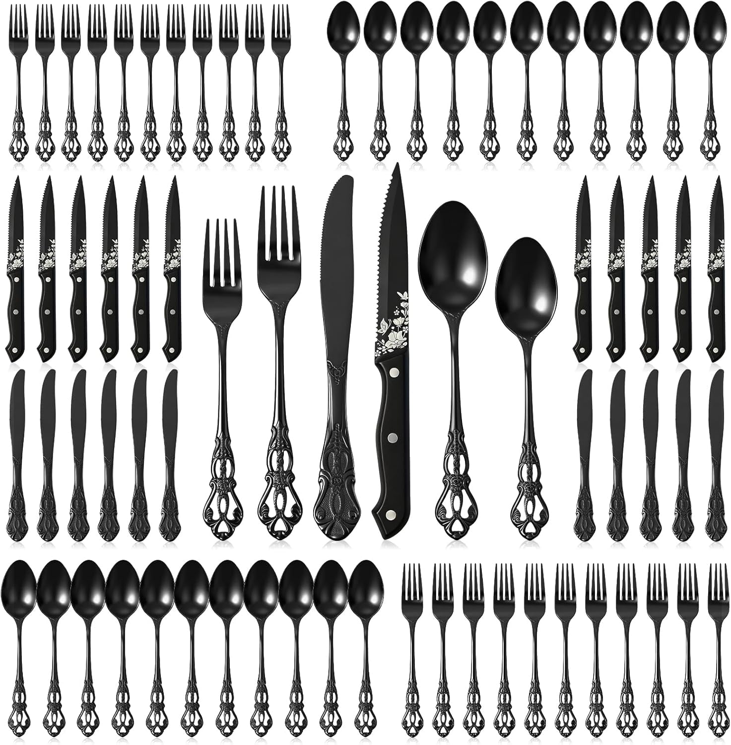 Black Gothic Silverware Set for 12, 72 Pcs Royal Silverware Flatware ...