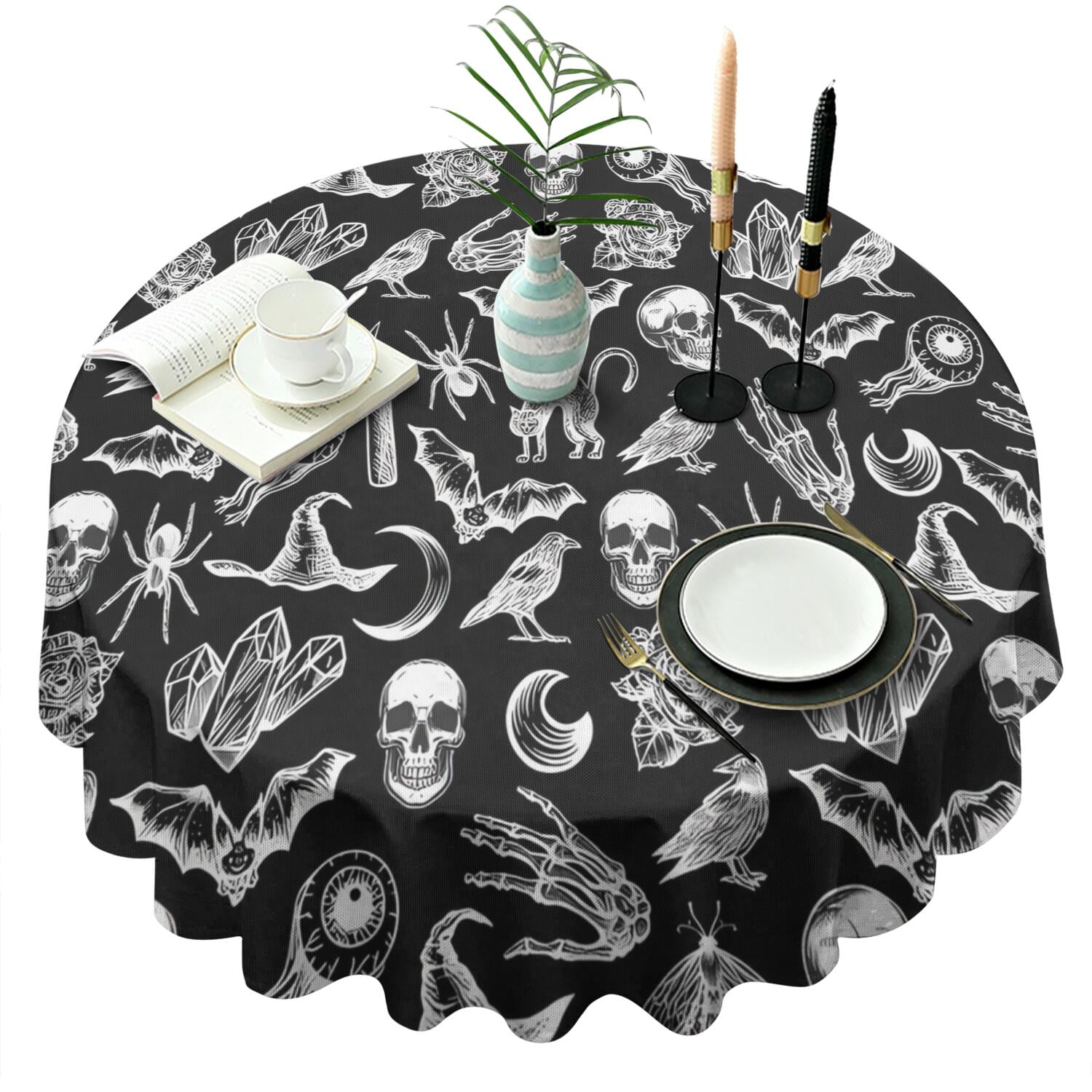 Black Gothic Skull Bat Pattern Round Tablecloth 60"x60",Wrinkle ...