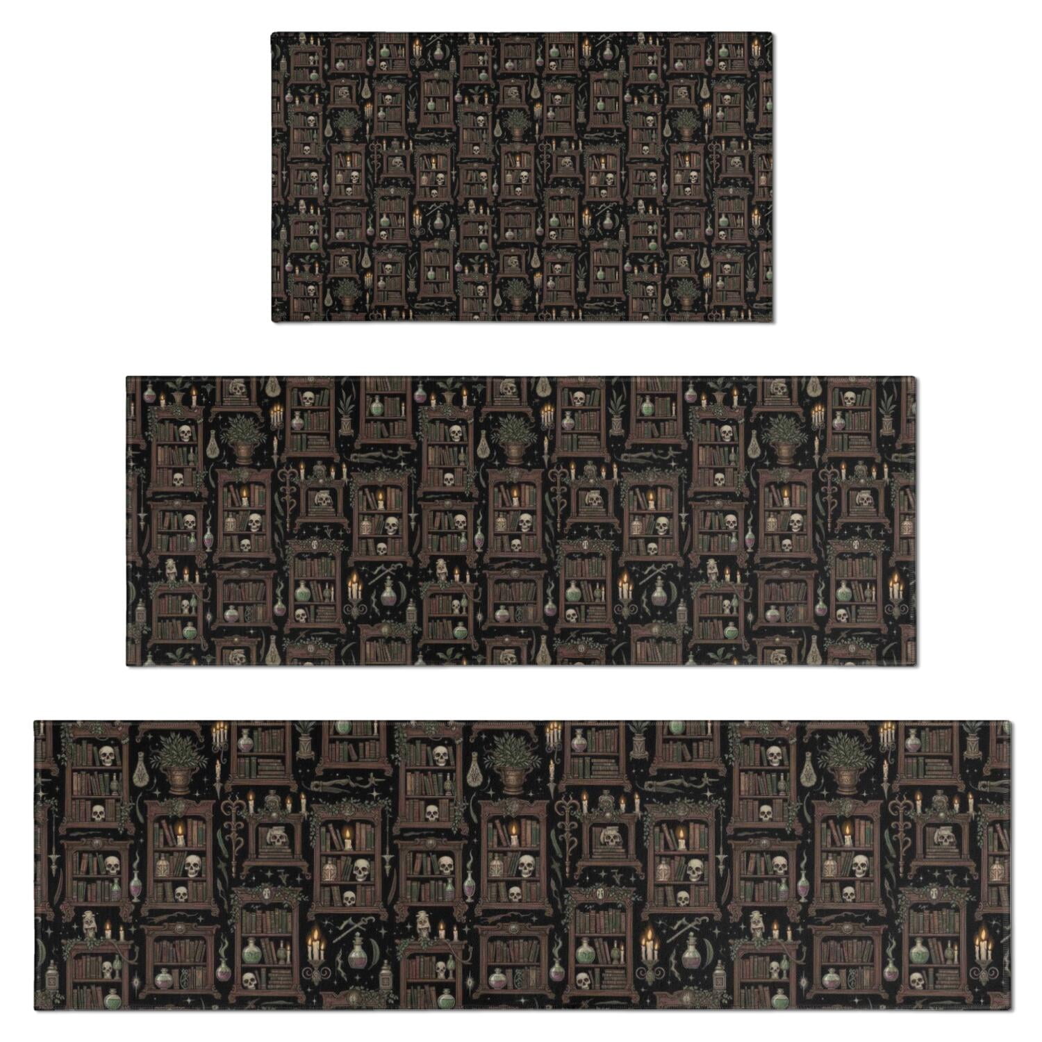 Black Gothic Skull Bookcase Pattern Kitchen Rugs Sets Of 3,Kitchen ...