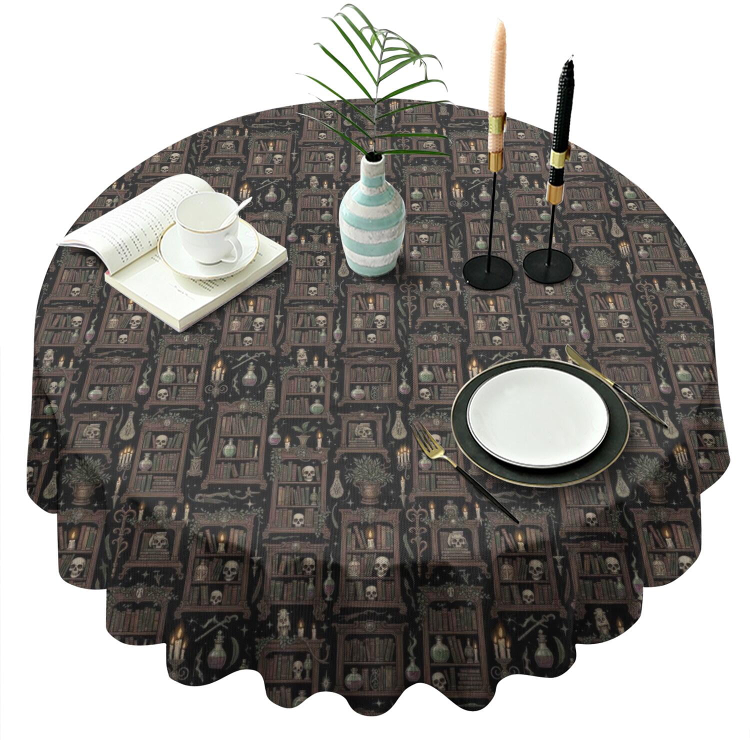 Black Gothic Skull Bookcase Pattern Round Tablecloth 60"x60",Wrinkle ...