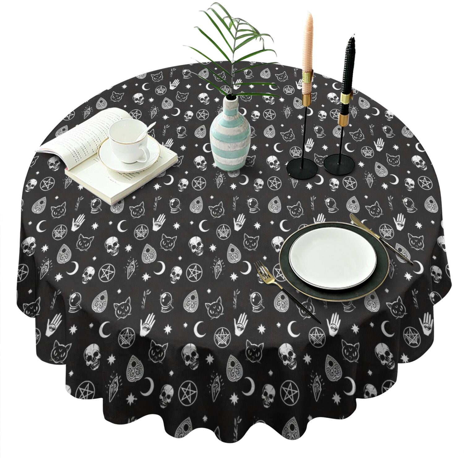Black Gothic Skull Cat Pattern Round Tablecloth 60"x60",Wrinkle ...