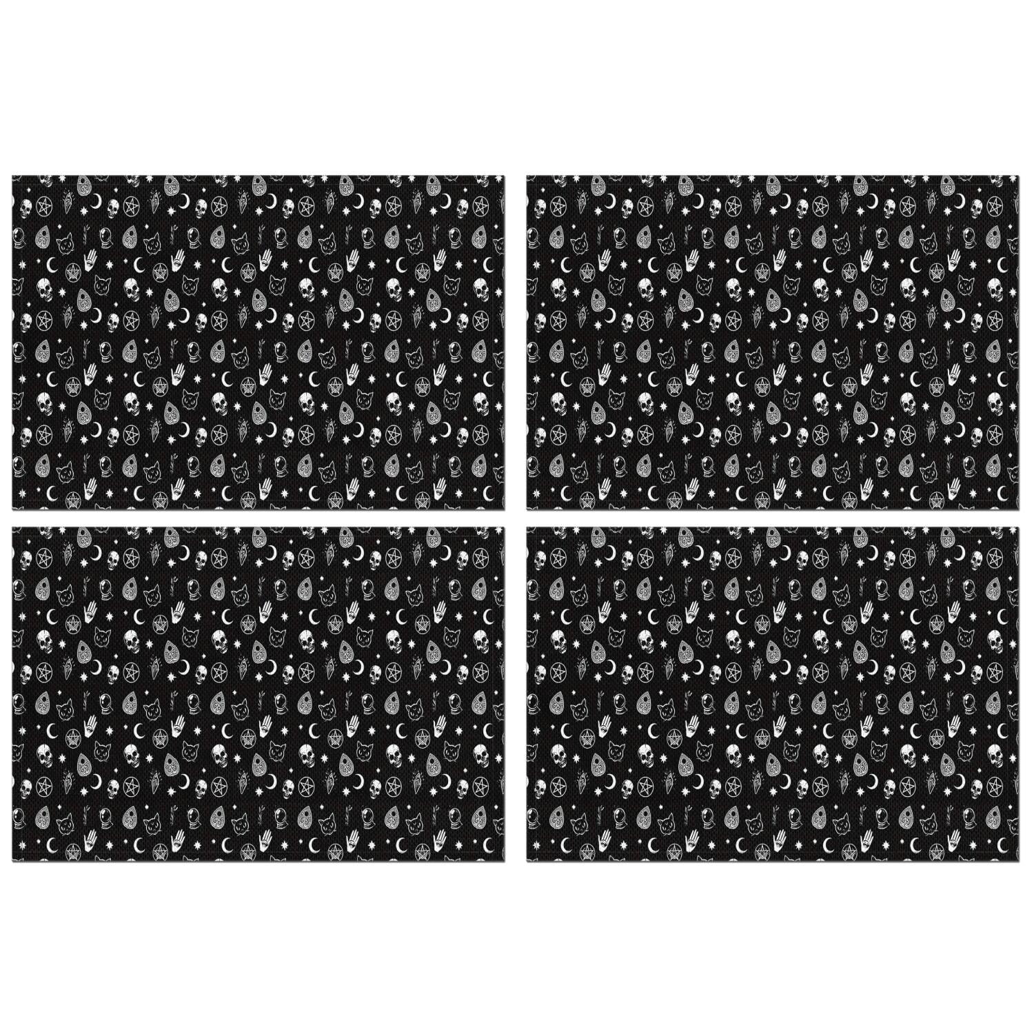 Black Gothic Skull Cat Pattern Summer Placemats Table Placemats Set Of ...