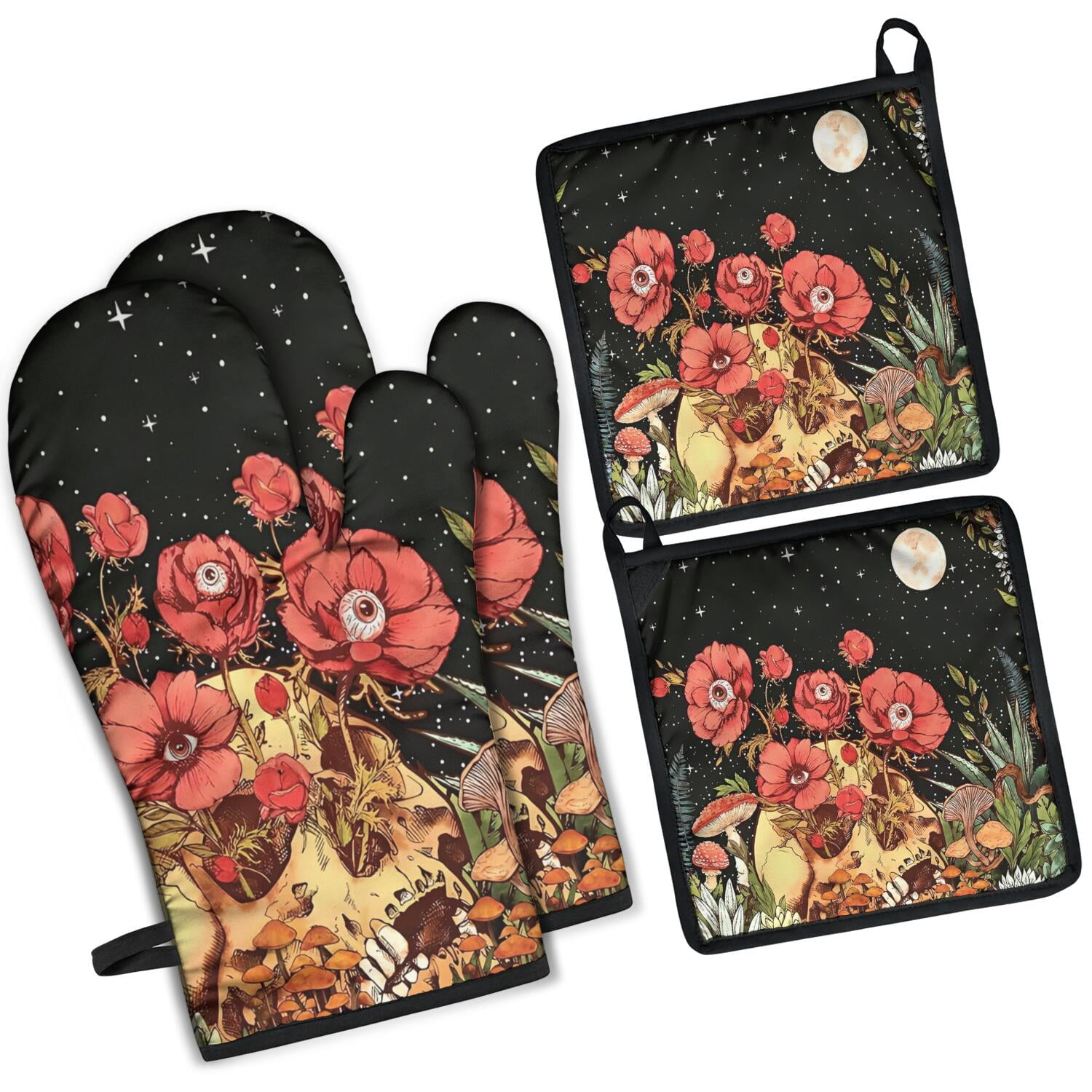 Black Gothic Skull Flower Pattern Kitchen Oven Mitt and Pot Holder Sets ...