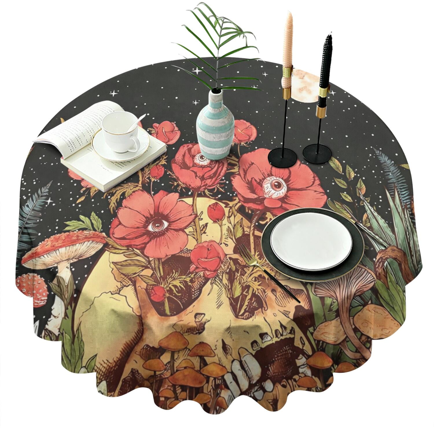 Black Gothic Skull Flower Pattern Round Tablecloth 60"x60",Wrinkle ...