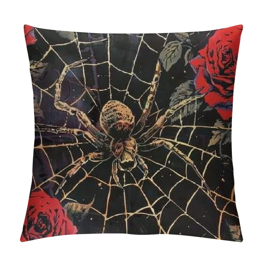 Black Gothic Spider Pillow Cover for Couch Sofa Bed Wild Red Rose ...