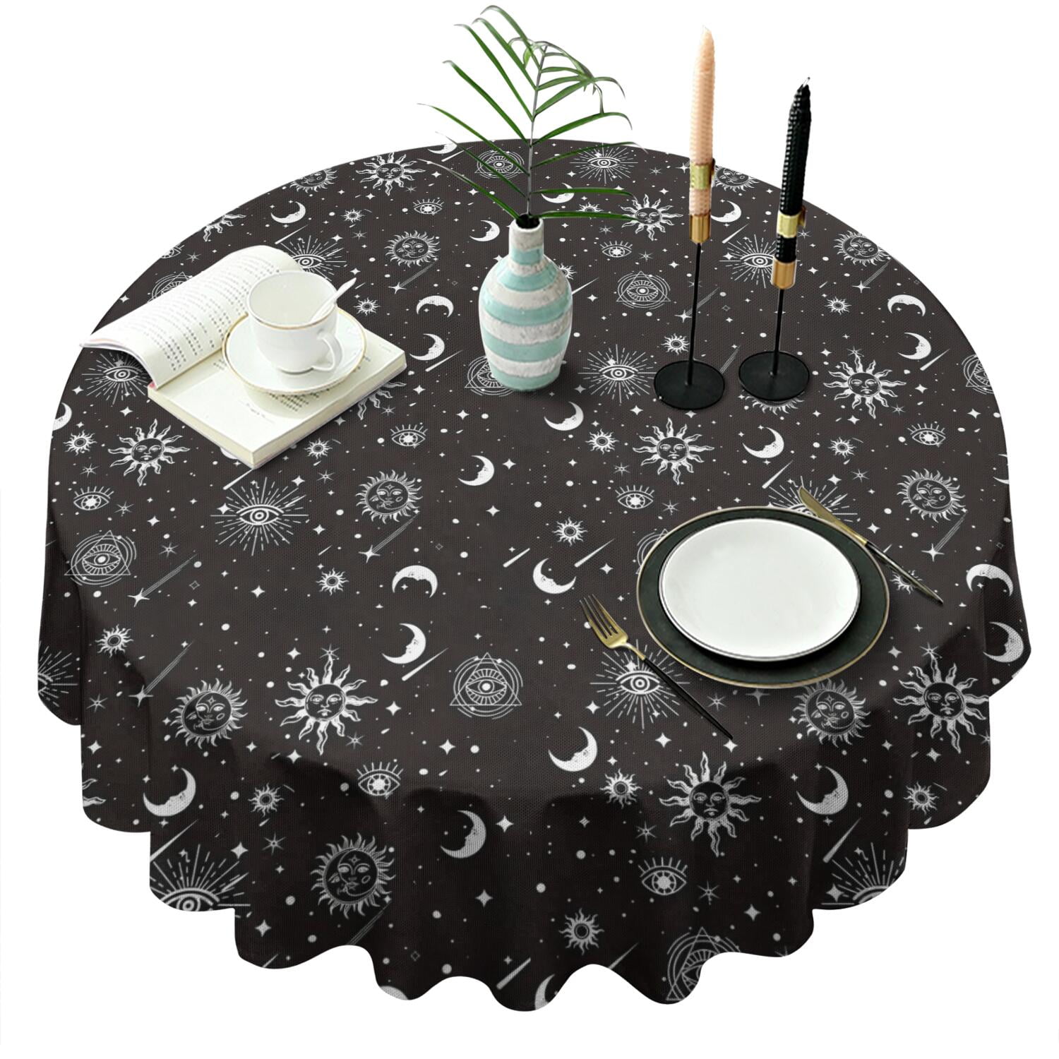 Black Gothic Sun Moon Eye Pattern Round Tablecloth 60"x60",Wrinkle ...