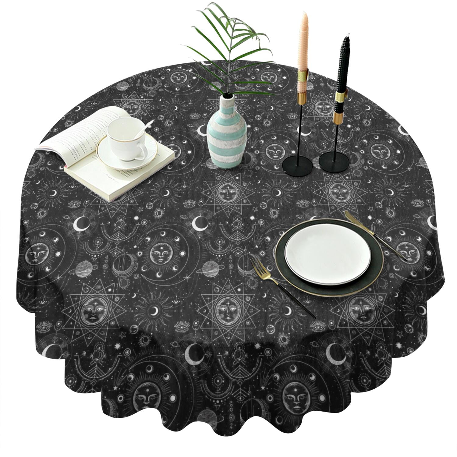 Black Gothic Sun Moon Pattern Round Tablecloth 60"x60",Wrinkle Wipeable ...