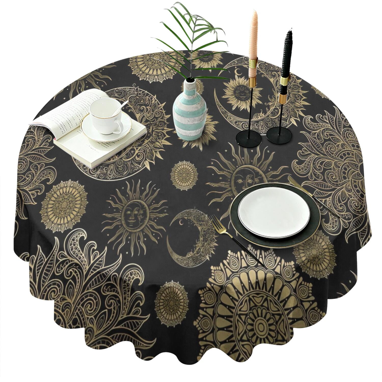 Black Gothic Sun Moon Pattern Round Tablecloth 60"x60",Wrinkle Wipeable ...