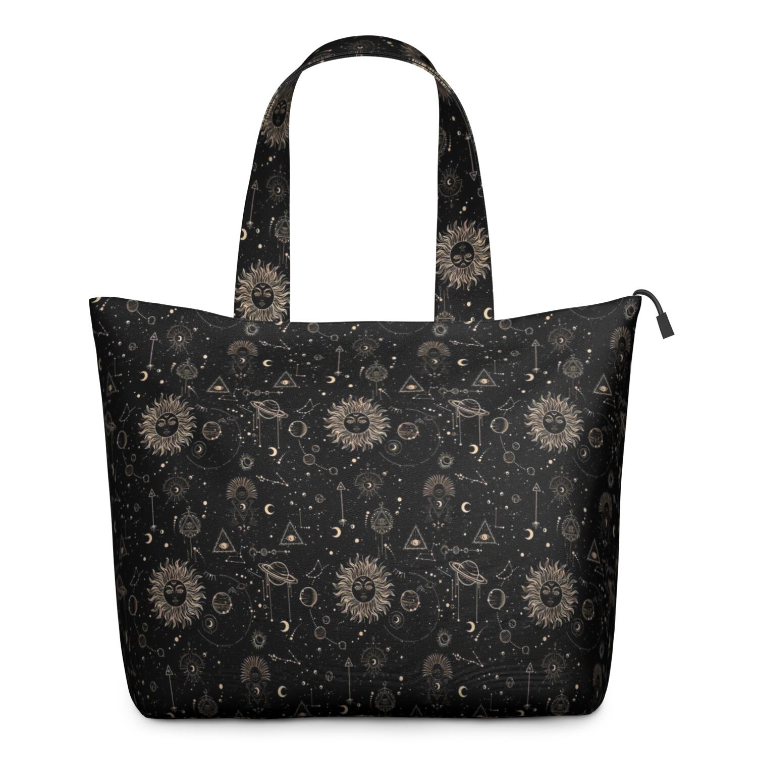 Black Gothic Sun Planet Moon Pattern Travel Tote Bags for Women Carry ...
