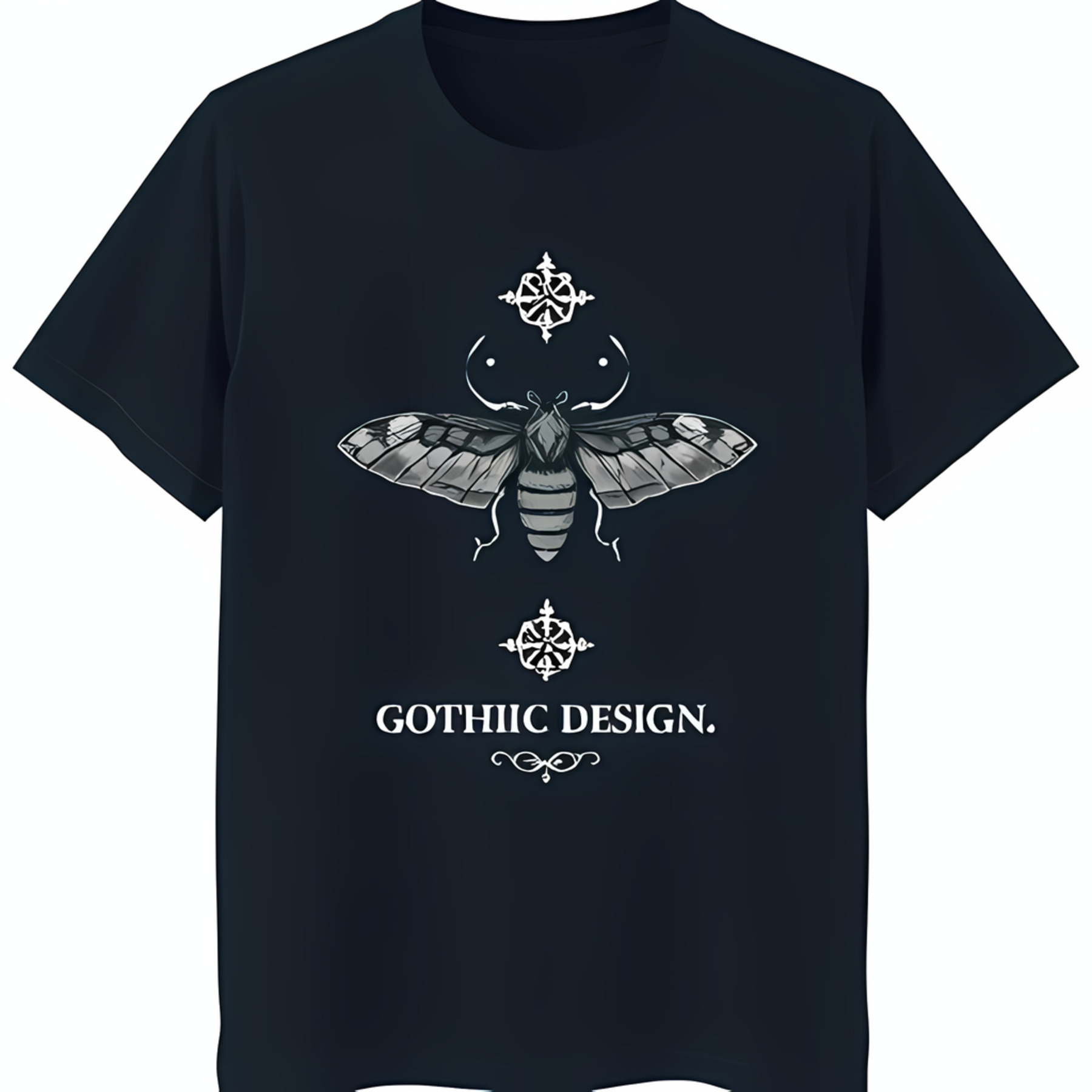 Black Gothic T-Shirt with Intricate Moth Design and Geometric Shapes ...
