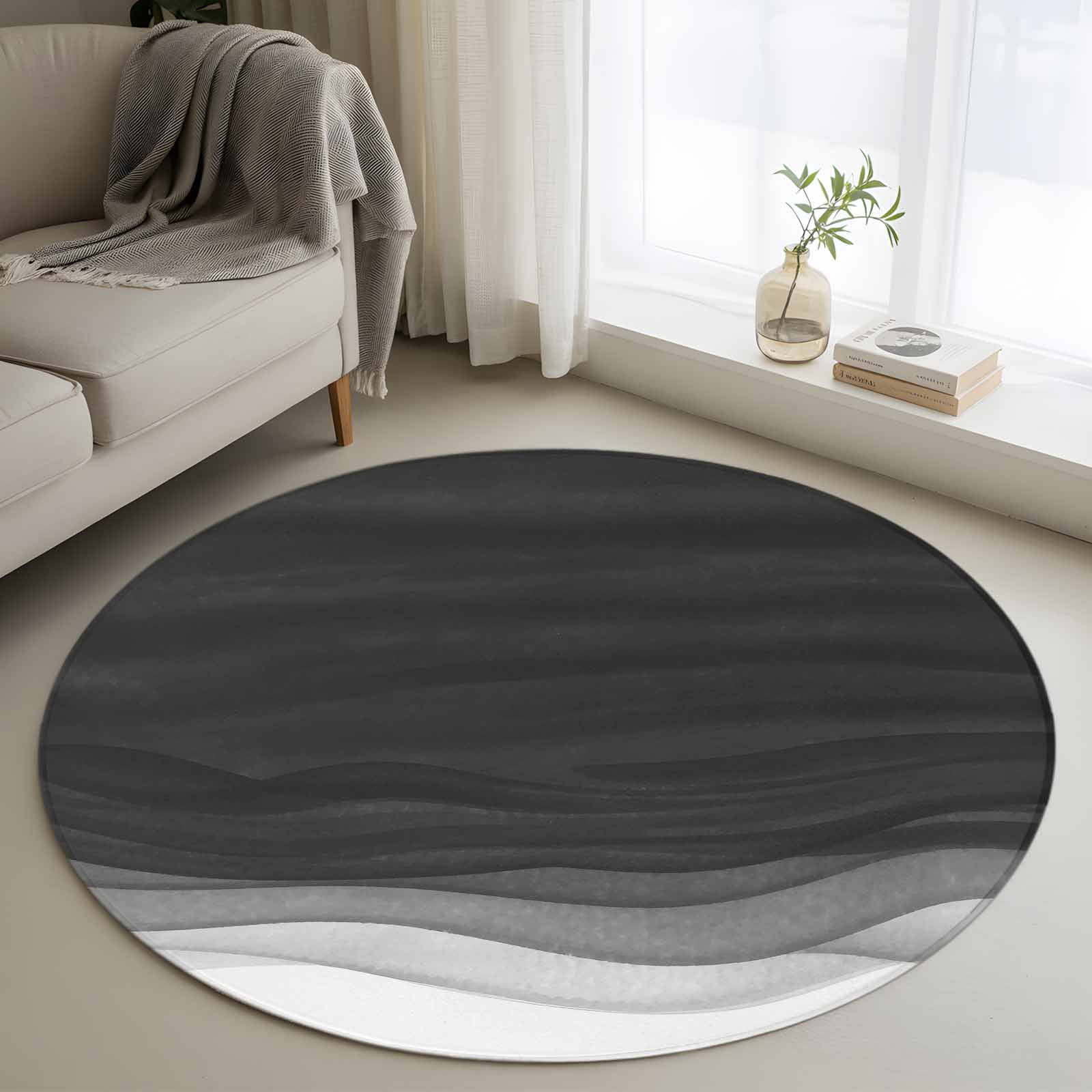 Black Gradient Round Area Rugs 3 ft, Watercolor Abstract Black Gradient ...