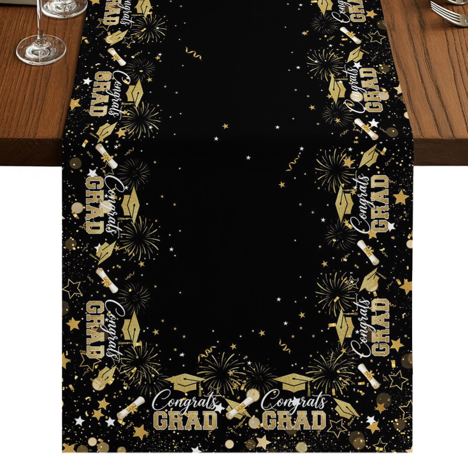 Black Graduation Burlap Cotton Table Runner 13x36 Inches Short, Golden ...
