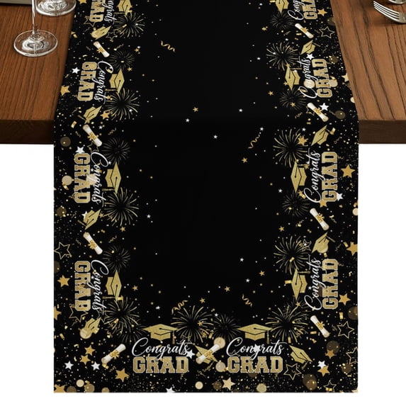 Black Graduation Burlap Cotton Table Runner 13x36 Inches Short, Golden ...