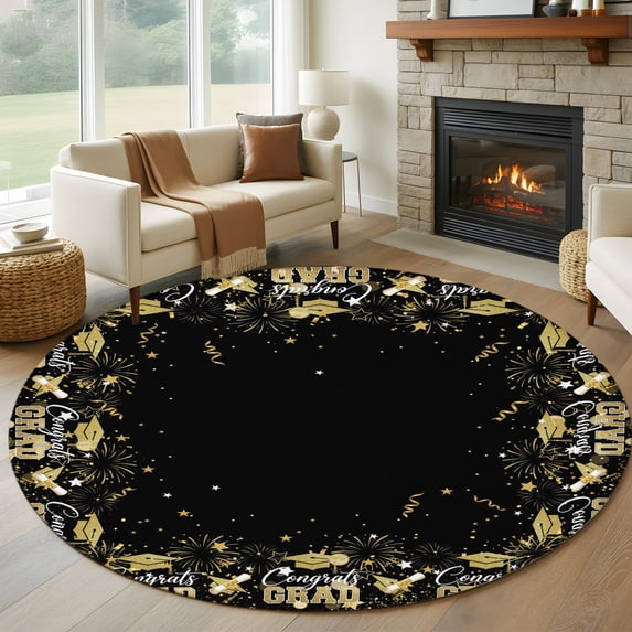 Black Graduation Cap 6FT Round Area Rugs for Living Room Gold Stars ...
