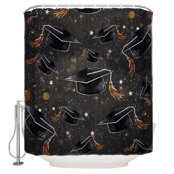 Black Graduation Cap Bathroom Shower Curtains with 12 Hooks Polyester ...